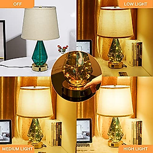 YUNHONG Modern Glass Table Lamp Set of 2,Bedside Lamp with Super Fast Charger 20W PD QC 3.0 USB C+A, 3 Way Dimmable Touch Lamps with Fairy Lights, Nightstand Lamps for Bedroom Living Room