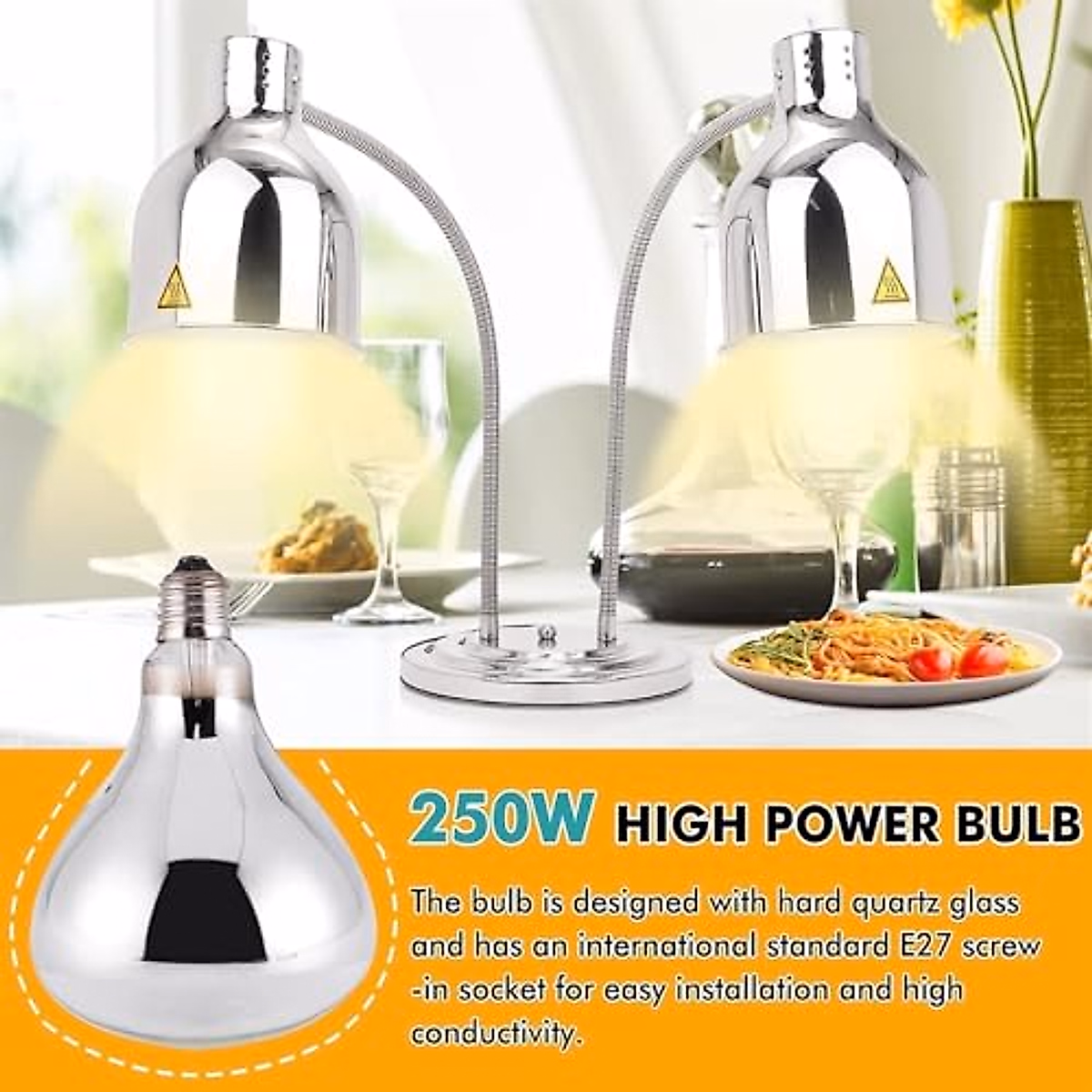 Commercial Double Head Food Warming Lamp, Kitchen Free Standing Heat Lamp, 70CM Height Adjustment Weighted Base Food Warming Lamp for Commercial Restaurant Kitchen Buffet,B