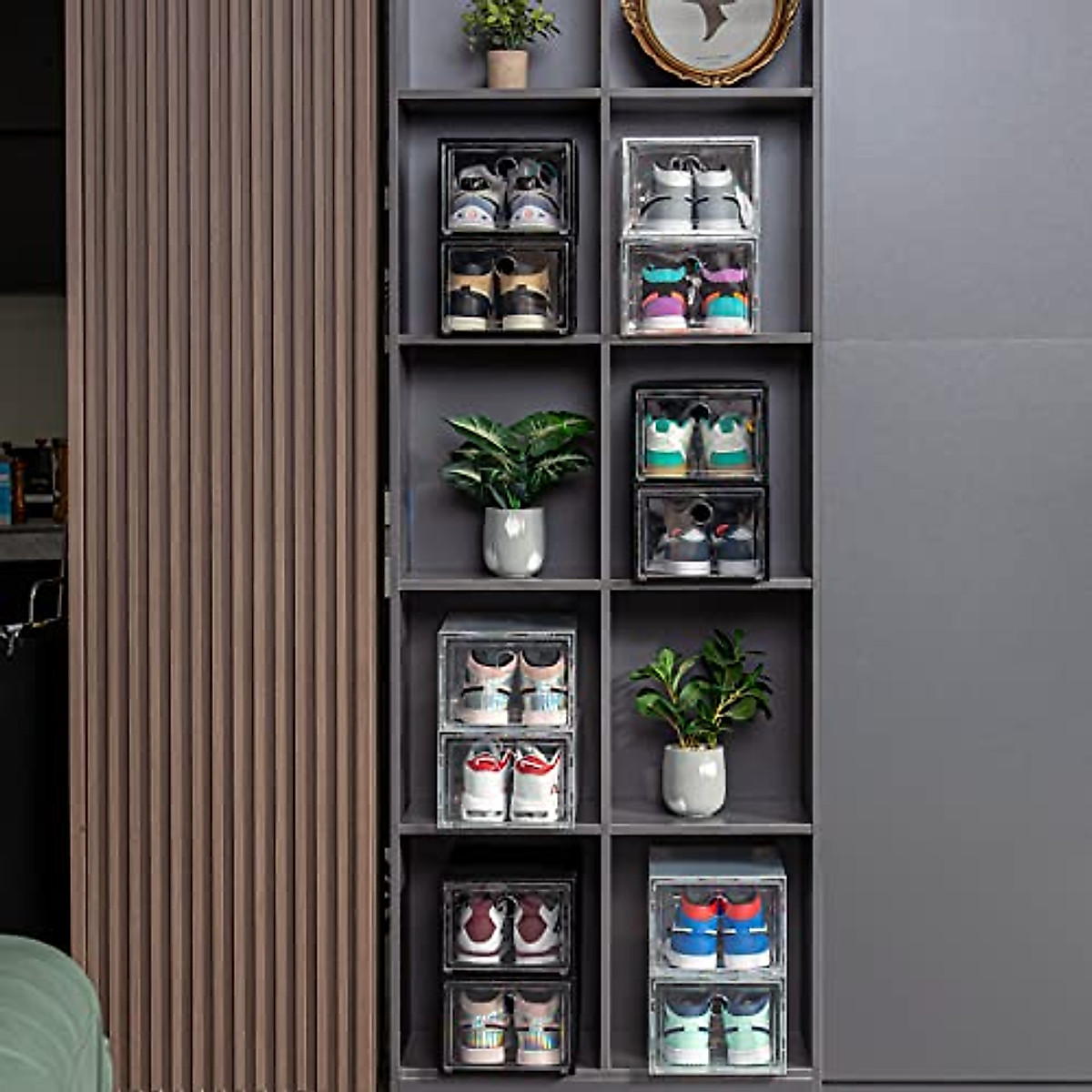 BVBOX 12 Pack Shoe Box Shoe Orgainzer Clear Shoe Storage Boxes XL Clear Plastic Stackable Shoe Cabinet Shoe Display Storage Boxes