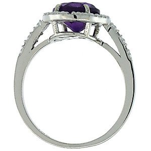 Sterling Silver Diamond Natural Amethyst Ring Oval 10x8mm, 1/2 inch wide, size 6