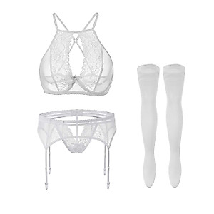 XSPICE White Garter Lingerie For Women,Lingerie Set Garter Belts And Stocking Sets 4PCS