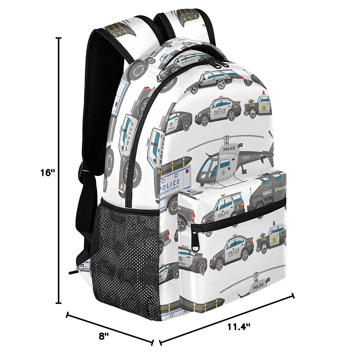 TropicalLife Police Car Larger Student Backpack, Policeman Motorbike Waterproof School Bag For Teen Girls Boys