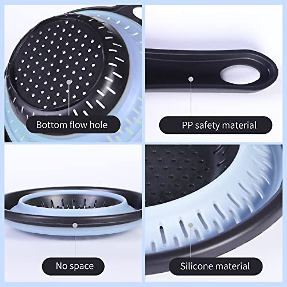 COMUSTER SET - 2 Collapsible Colanders (Strainers), Sizes 7.8" - 2 Quart and 9" - 3 Quart - Perfect for Your Vegetables, Fruits, Pasta & More - With Handle and Square Folding Colander (Blue )