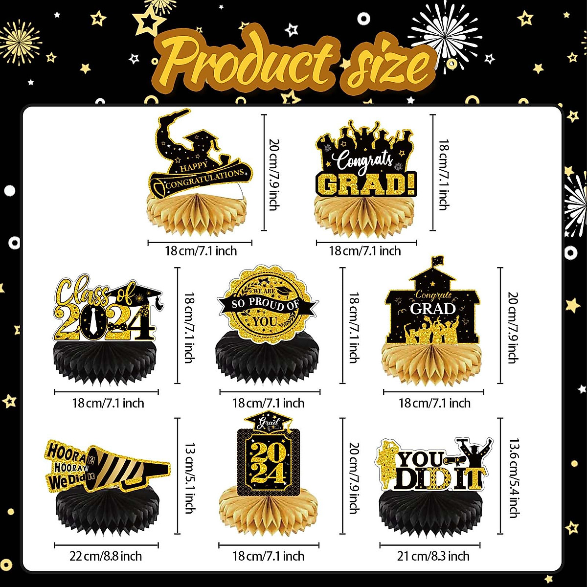 2024 Graduation Party Decorations - Black Gold Class of 2024 Graduation Party Decor Honeycomb Centerpieces for Tables Congratulate for 2024 Congrats Grad Party Supplies 8 Pcs