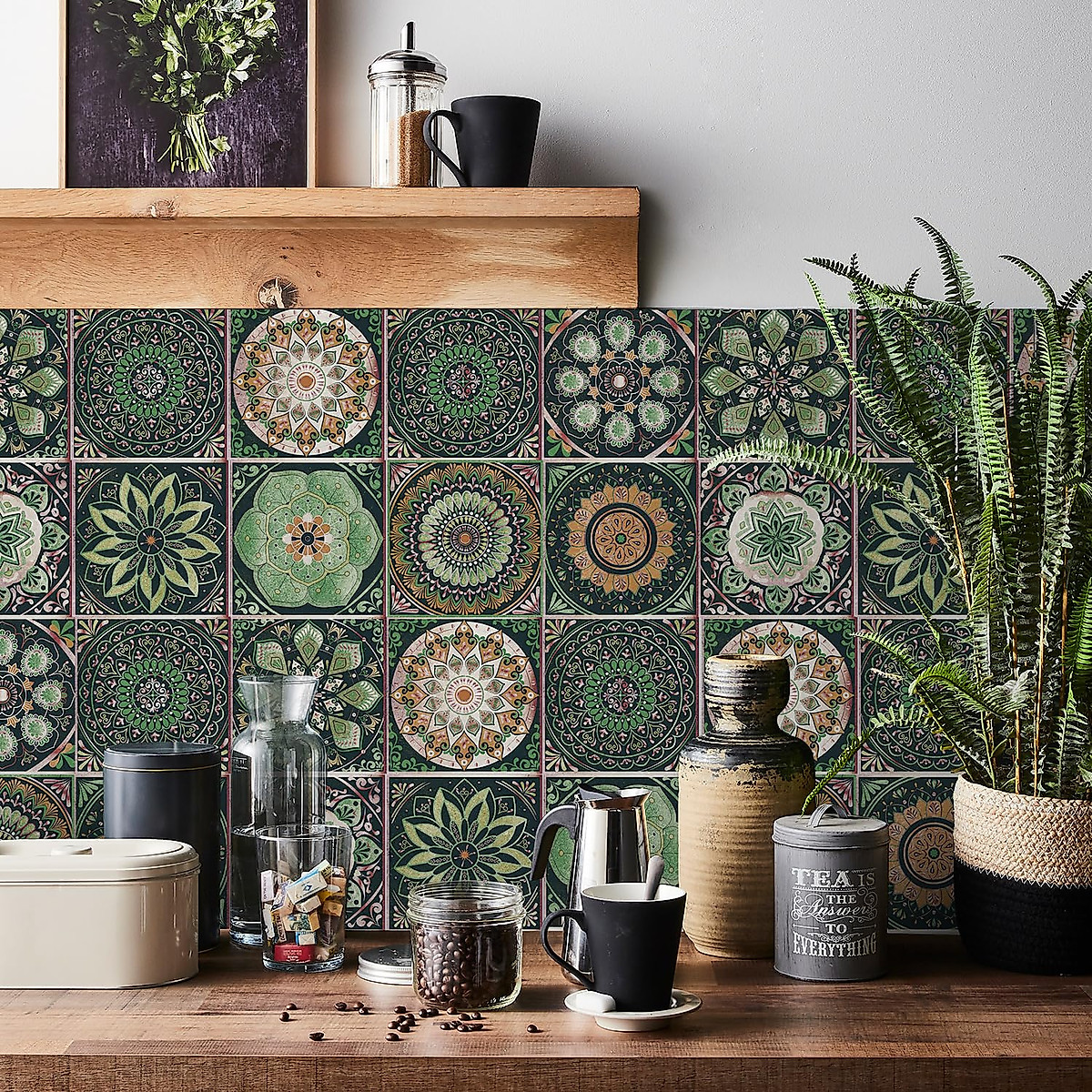 Adreamer90 Mandala Moroccan Wallpaper Tile Stickers 5.91 * 5.91 in Peel and Stick,Removable Talavera Decor 2D Wall Tile Decals for Kitchen Bathroom Laundry Stair Fireplace Art Decor Tiles
