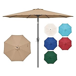 Simple Deluxe 9' Patio Umbrella Outdoor Table Market Yard Umbrella with Push Button Tilt/Crank, 8 Sturdy Ribs for Garden, Deck, Backyard, Pool, Tan