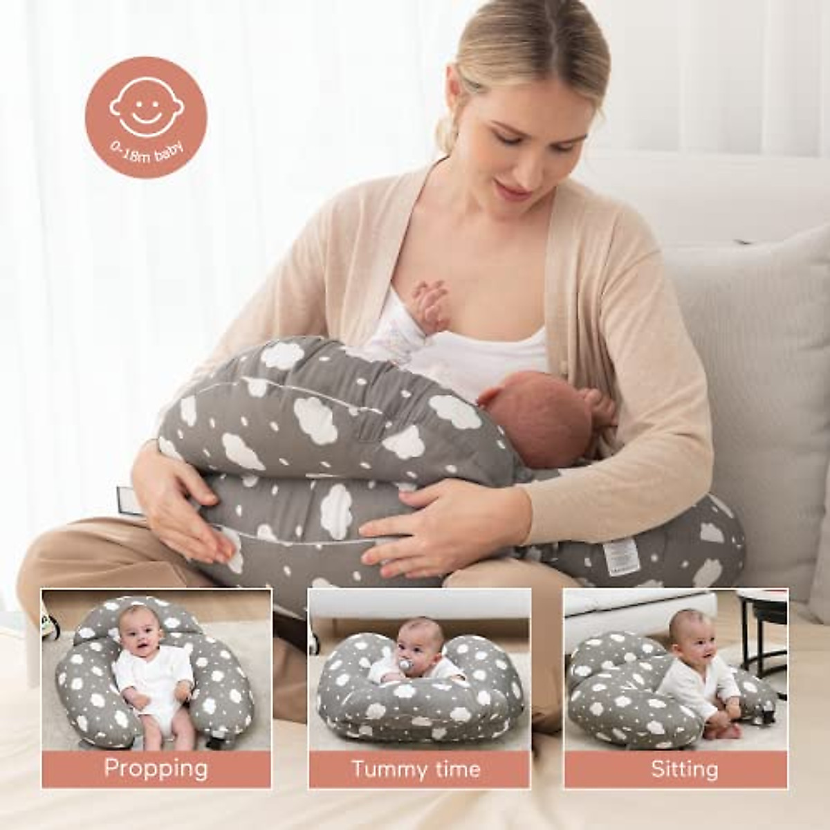 Momcozy Nursing Pillow Grey and Replacement Pillowcase, Original Plus Size Breastfeeding Pillows for More Support for Mom and Baby, with Adjustable Waist Strap