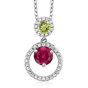 Gem Stone King 925 Sterling Silver Red Created Ruby and Green Peridot Pendant Necklace For Women (1.90 Cttw, Gemstone July Birthstone, Round 6MM and 4MM)