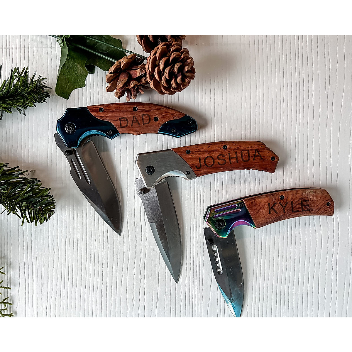 Personalized POCKET KNIFE Engraved Wood Folding Knive Stainless Steel l Standard Edge 5" Blade Wood Handle With Ultra-Secure & Comfortable Belt Clip Custom Gifts for Him Men Dad Boyfriend Father Husband Anniversary Groomsmen (Knife Engraved)
