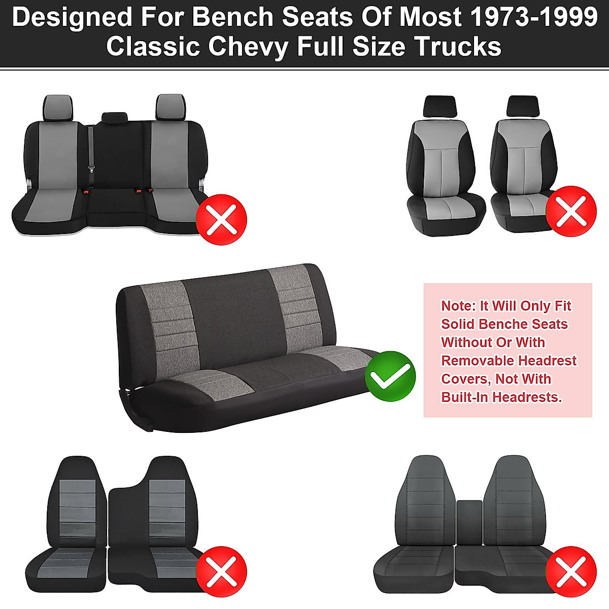 Custom-Fit Bench Seat Covers Replace for Chevy 1973-1999 C/K Series Full Size Classic Trucks Air Mesh Fabric Bench Seat Protector without Headrests (Black &Gray)