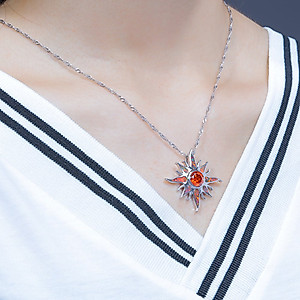 CiNily Created Orange Fire Opal Orange Garnet Rhodium Plated Women Jewelry Gemstone Pendant Necklace 1 1/4"