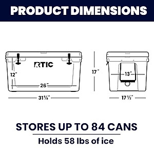 RTIC 65 Quart Ultra-Tough Hard Cooler Insulated Portable Ice Chest Box for Beach, Drink, Beverage, Camping, Picnic, Fishing, Boat, Barbecue, White