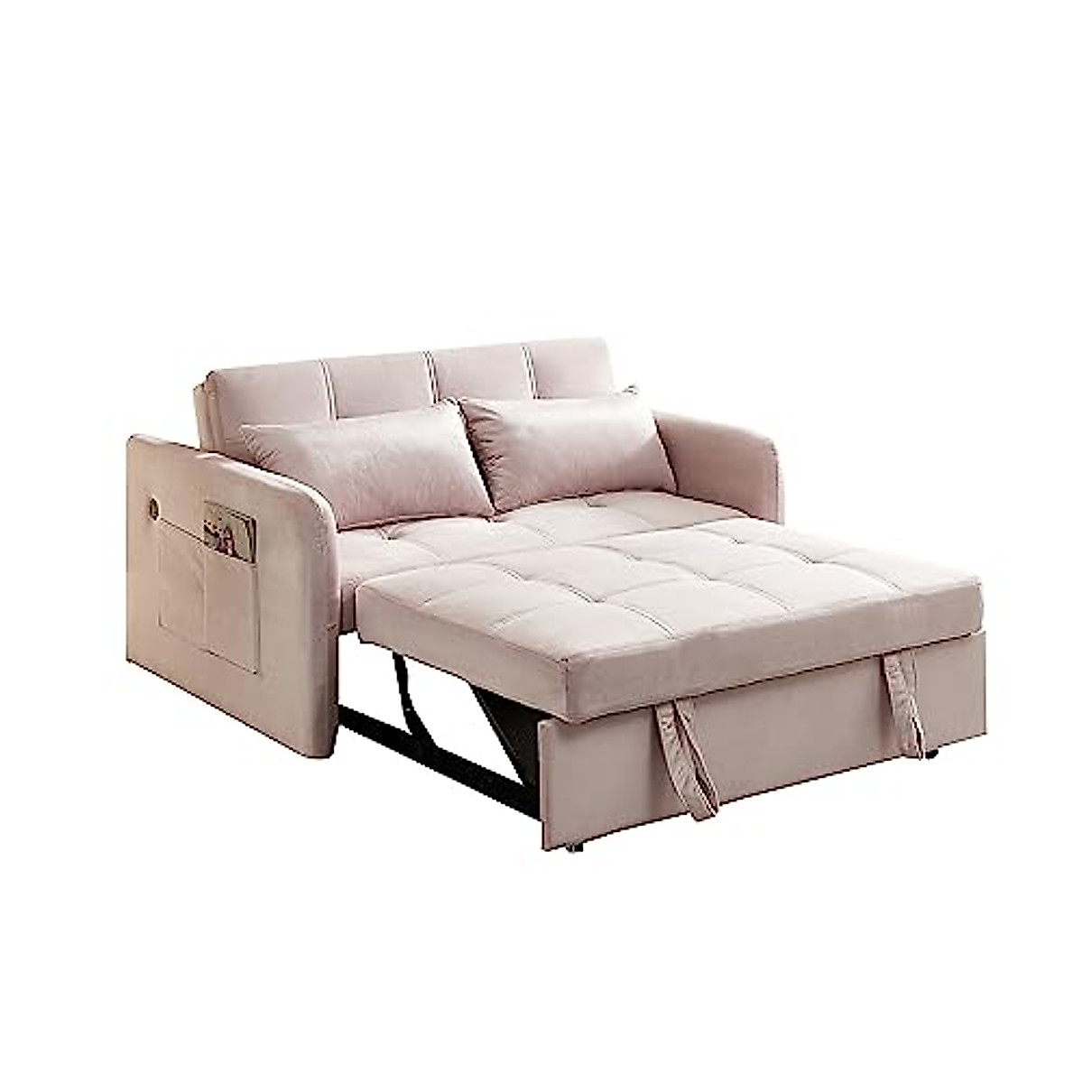 3 in 1 Convertible Sleeper Sofa Bed Twin Size ,55.5" Trundle Loveseat w/Pull-Out Couch and USB Chargers, Button Tufted Velvet Upholstered Futon Sofa & Couch for Limited Spaces Living Room Bedroom