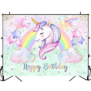 Avezano Unicorn Birthday Backdrop Pastel Rainbow Cloud Glitter Stars Unicorn Birthday Decorations Girls Unicorn Birthday Party Banner Decorations (7x5)