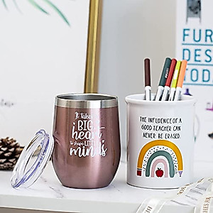 Hereman's Teacher Appreciation Gift Sets -Basket for Women, Back to School Gift, Christmas 12oz Wine Tumbler, Bookmarks, Ceramic Pen Holder, Pouch Bag, Rose Gold