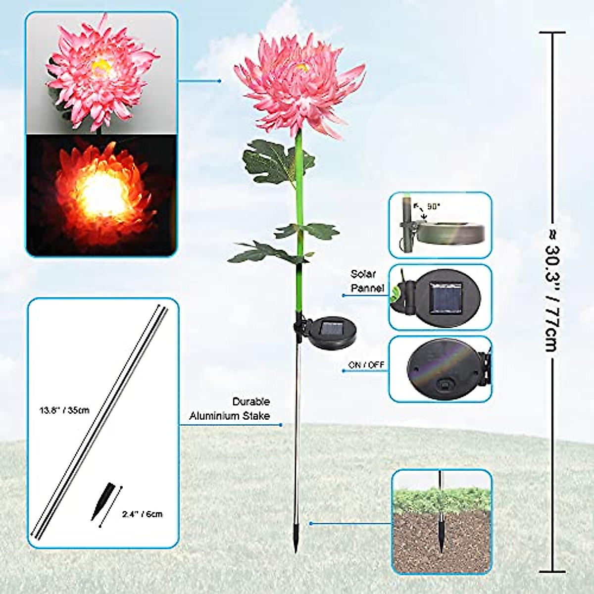 MIKK Solar Garden Stake Flower Lights, 2pack Outdoor Decorative Floral Lights, LED Artificial Waterproof Yard In-Ground Lights Lights for Garden Lawn Patio Backyard.（Pink Chrysanthemum）