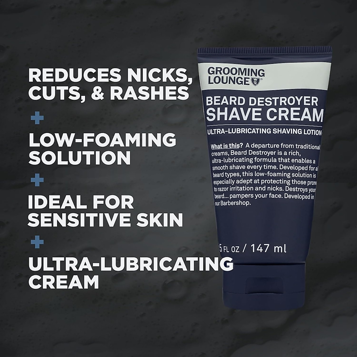 Grooming Lounge Beard Destroyer Shave Cream for Men - Bump, Irritation & Razor Burn Free Shaving Cream Sensitive Skin, Men Beard Care - Soft, Smooth, Easy Glide Low Shaving Foam Lather Formula - 5 Oz