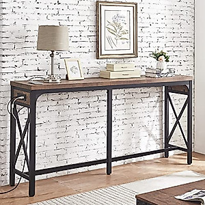 Hombazaar 70.9 Inches Console Table with Outlets and USB Ports, Narrow Long & Splicing Wood Grain Sofa Table Behind Couch, Extra Long Entryway Table for Entryway, Hallway, Foyer, Living Room, Brown