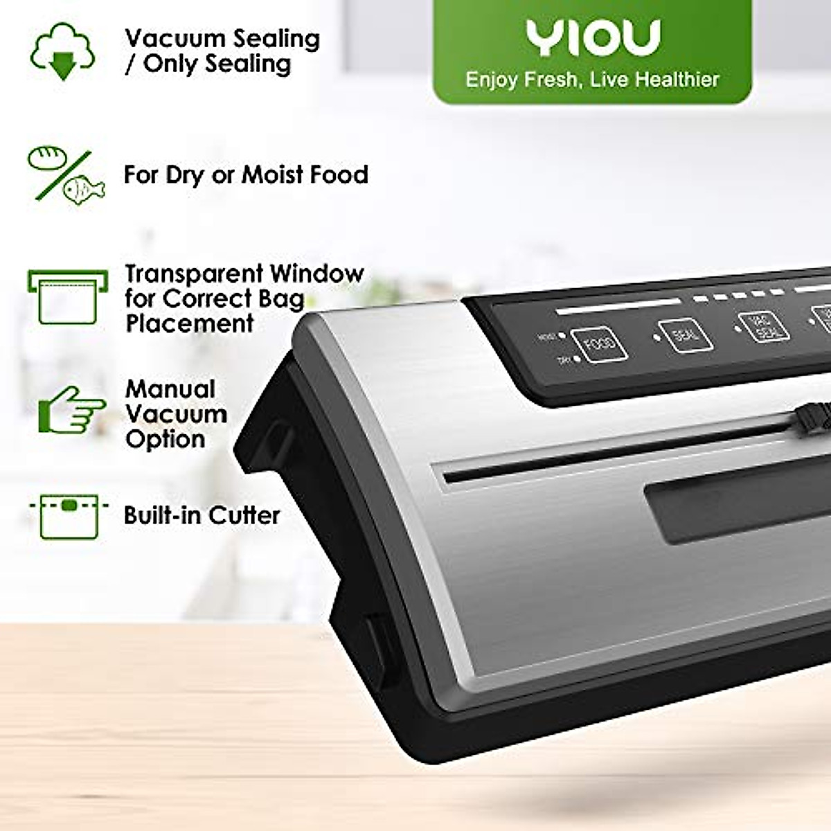 YIOU Vacuum Sealer Machine, Food Saver Vacuum Sealer Machine Build-in Cutter 80Kpa Vacuum Sealer for Food with Starter Kit Led Indicator Lights Dry Moist Mode Easy to Clean Food Vacuum Sealer, Silver