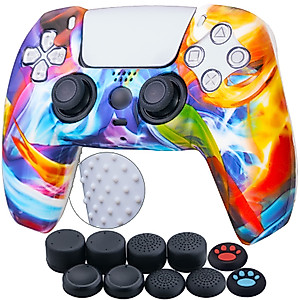 YoRHa Water Transfer Printing Silicone Thickened Cover Skin Case for PS5 Controller x 1(Colorful Stream) with Thumb Grips x 10