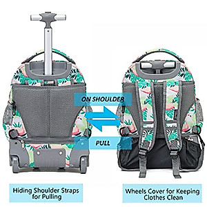NEW TILAMI Rolling Backpack for Kids, 16 Inch Wheeled Laptop Backpack for Boys Girls School Travel Trip Bag, Flamingo
