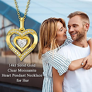 14K Solid Gold Heart Necklace for Women, "Forever Love In My Heart" Real Yellow Gold Love Heart Pendant Delicate Jewelry Gifts for Mom, Wife, 16-18 inch