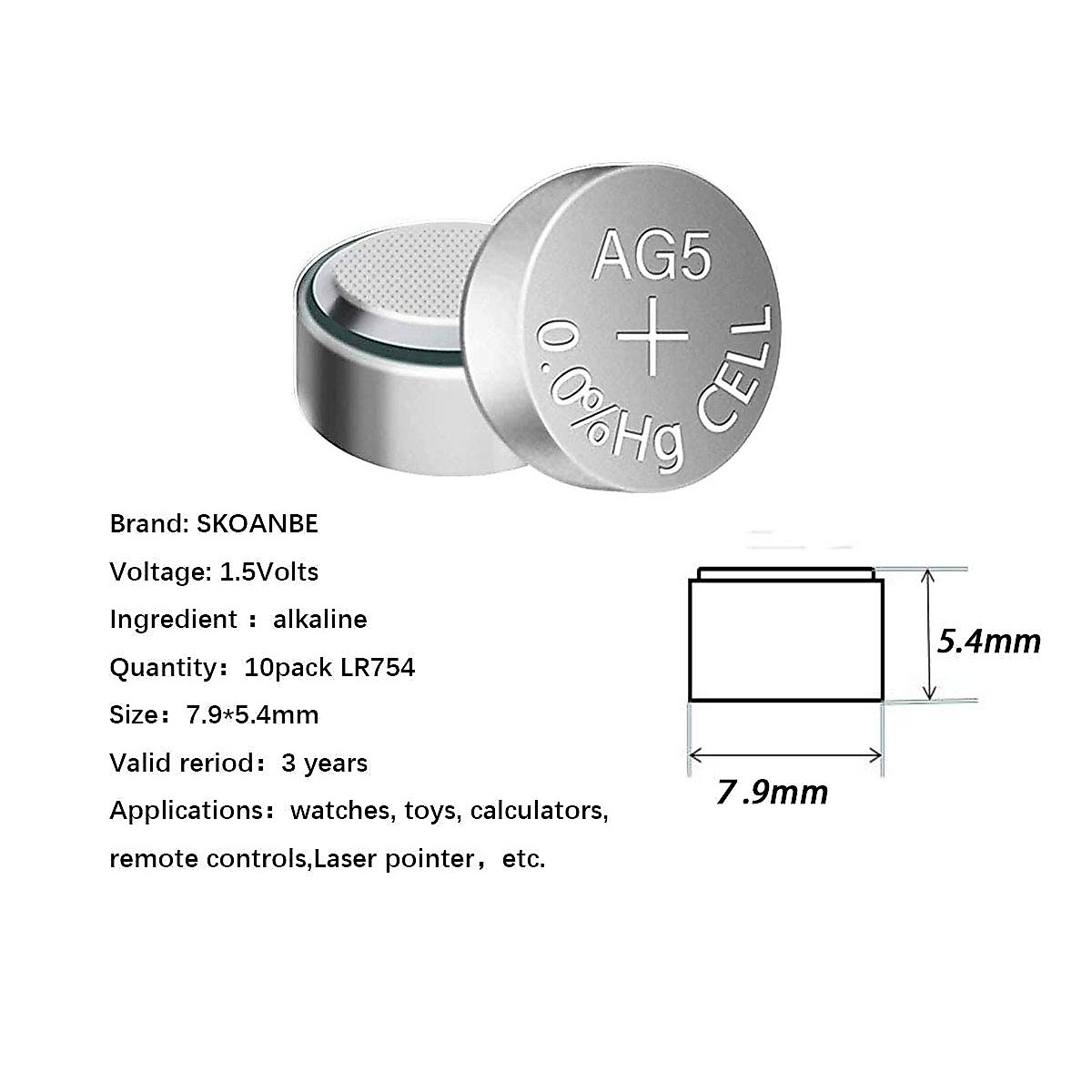 SKOANBE LR754 309/393 ag5 1.5V Watch Button Cell Batteries for Laser（10-Pack）