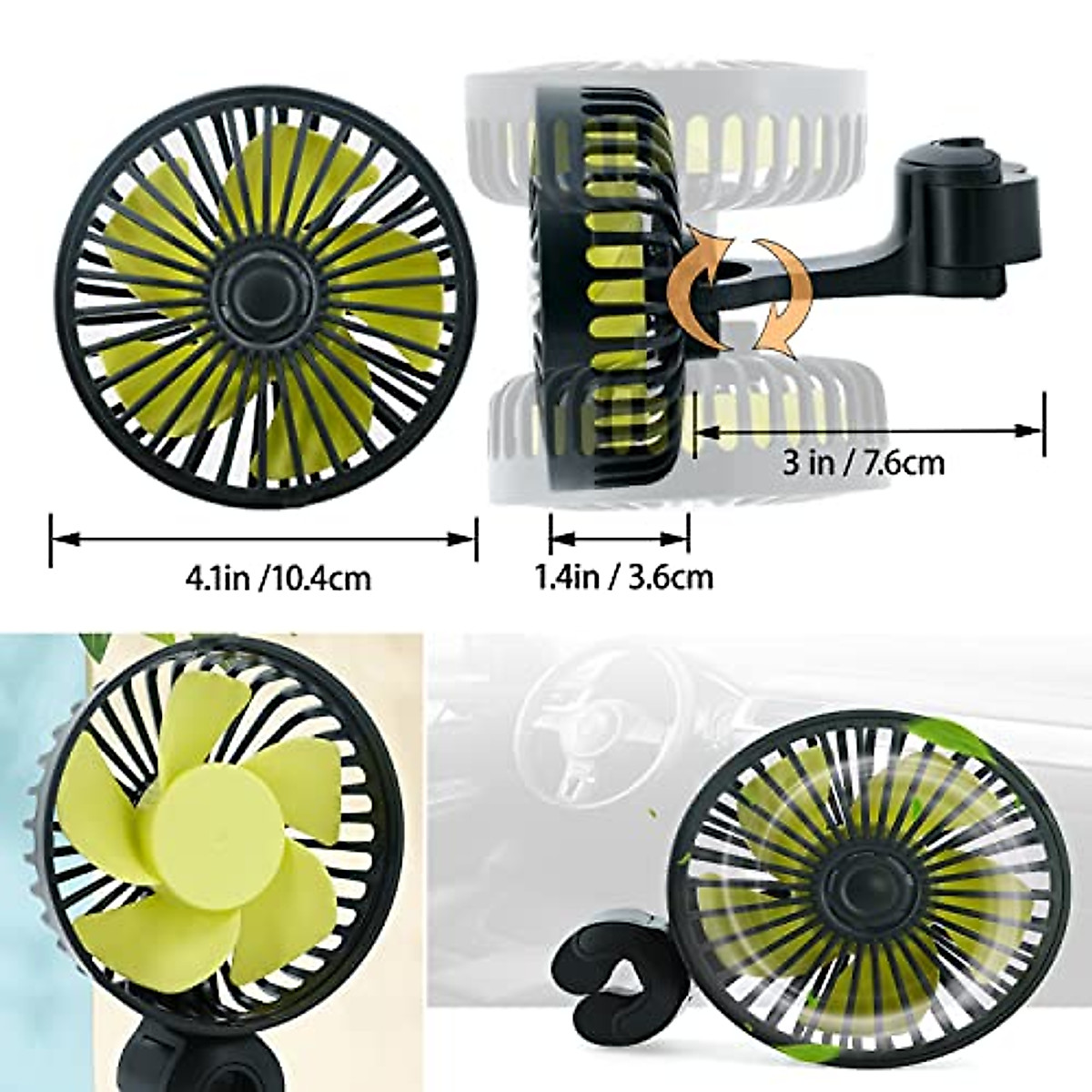 KINOWJI Electric Car Cooling Fan, USB Backseat Auto Rear Seat Fan 3 Speed Vehicle Clip Fan with 5 Piece Fan Blades for Car Vehicle Truck Van SUV RV Boat Bus