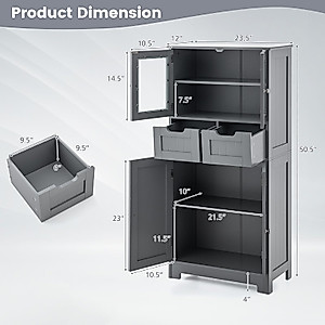 Giantex Bathroom Floor Storage Cabinet - Freestanding Cabinet with 2 Glass Doors, 2 Drawers & Adjustable Shelves, Multifunctional 50.5” Tall Storage Organizer Cupboard for Kitchen, Living Room (Gray)