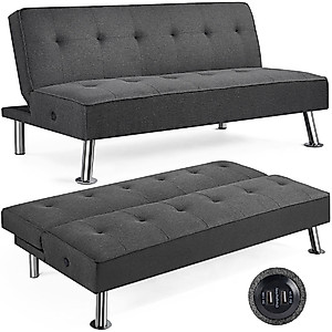Topeakmart Fabric Futon Sofa, Convertible Futon Bed, Folding Couch, Sectional Sleeper Sofa for Small Space with USB Ports, Folding Sofa for Compact Living Space, Apartment, Office, Living Room Gray