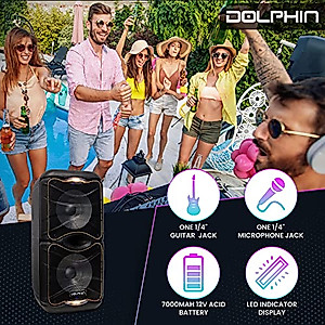 Dolphin SP-212RBT Portable Bluetooth Party Speaker with Lights and PA System with Expandable Battery
