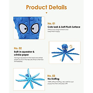 HGB Squeaky Dog Toys, Octopus No Stuffing Crinkle Plush Dog Chew Toys for Puppy Teething, Pet Training and Entertaining, Durable Interactive Dog Toys for Puppies, Small, Medium, and Large Dogs, 2 Pack