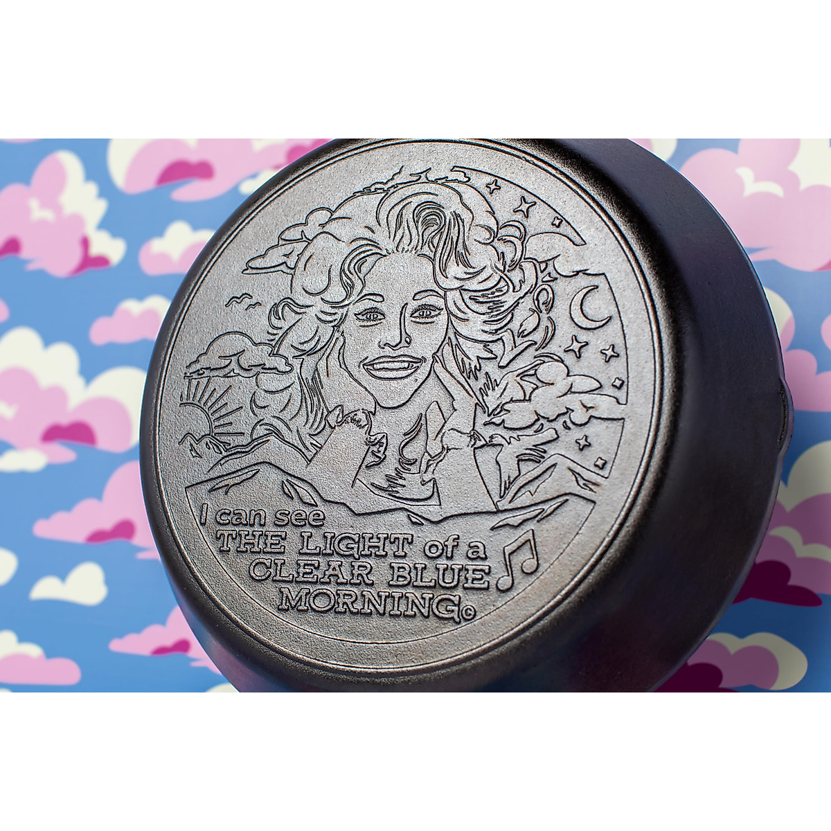 Lodge 13.25 Inch Dolly Parton Pre-Seasoned Cast Iron Stamped Skillet - Signature Teardrop Handle - Use in the Oven, on the Stove, on the Grill, or Over a Campfire - Clear Blue Morning