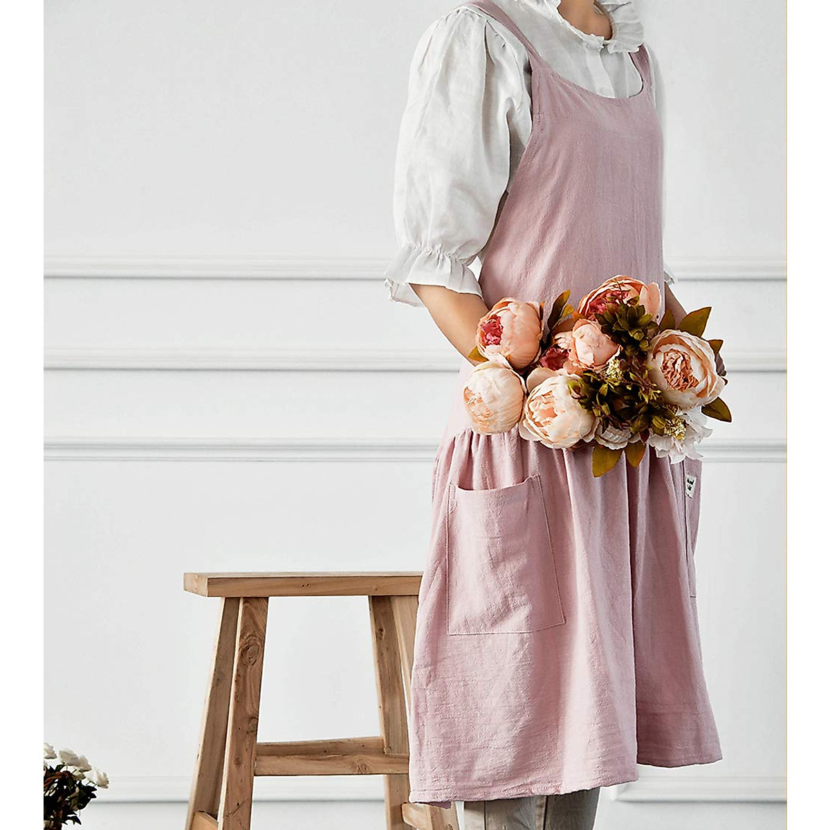 NEWGEM Cotton Linen Cross Back Apron for Women with Pockets for Baking Painting Pink with Waist Ties