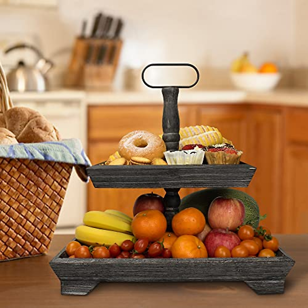 Tiered Tray Decor 2 Tier Wooden Tray Stand Decorative Serving with Metal Handle Farmhouse Two Tiered Tray-Rustic Rectangular Tiered Tray Tiered for Kitchen Table Decor Serving Tier Tray Decoration