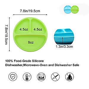 ANTUREBAY Suction Plates for Babies, 100% SiliconeToddler plates,Divided Baby Plates, Dishwasher & Microwave Friendly,Food Grade Silicone Kids Plates with Spoon Fork. (Blue,Green)