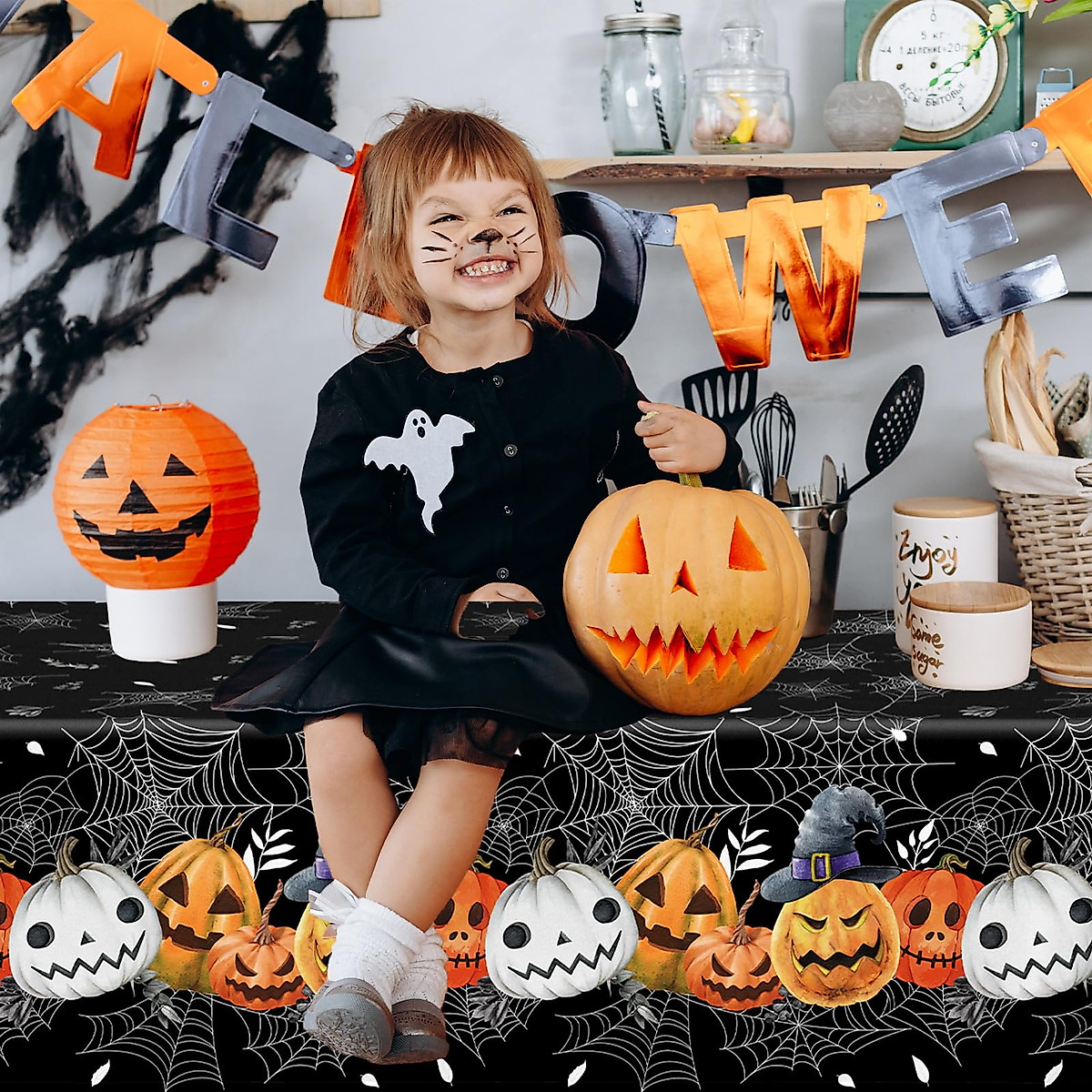 Black Halloween Tablecloth, 3 Pack Halloween Table Cover, Disposable Spider Web Pumpkin Halloween Table Cloths, Halloween Party Favor Supplies for Kitchen Dining Table Decorations