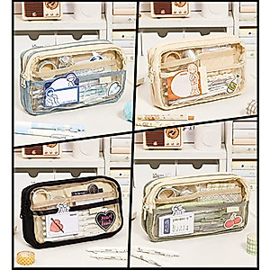 Clear Cute Pencil Case Kawaii Pencil Case Multi-Layer Aesthetic Pencil Pouch Marker Case Holder Storage Bag (Beige)