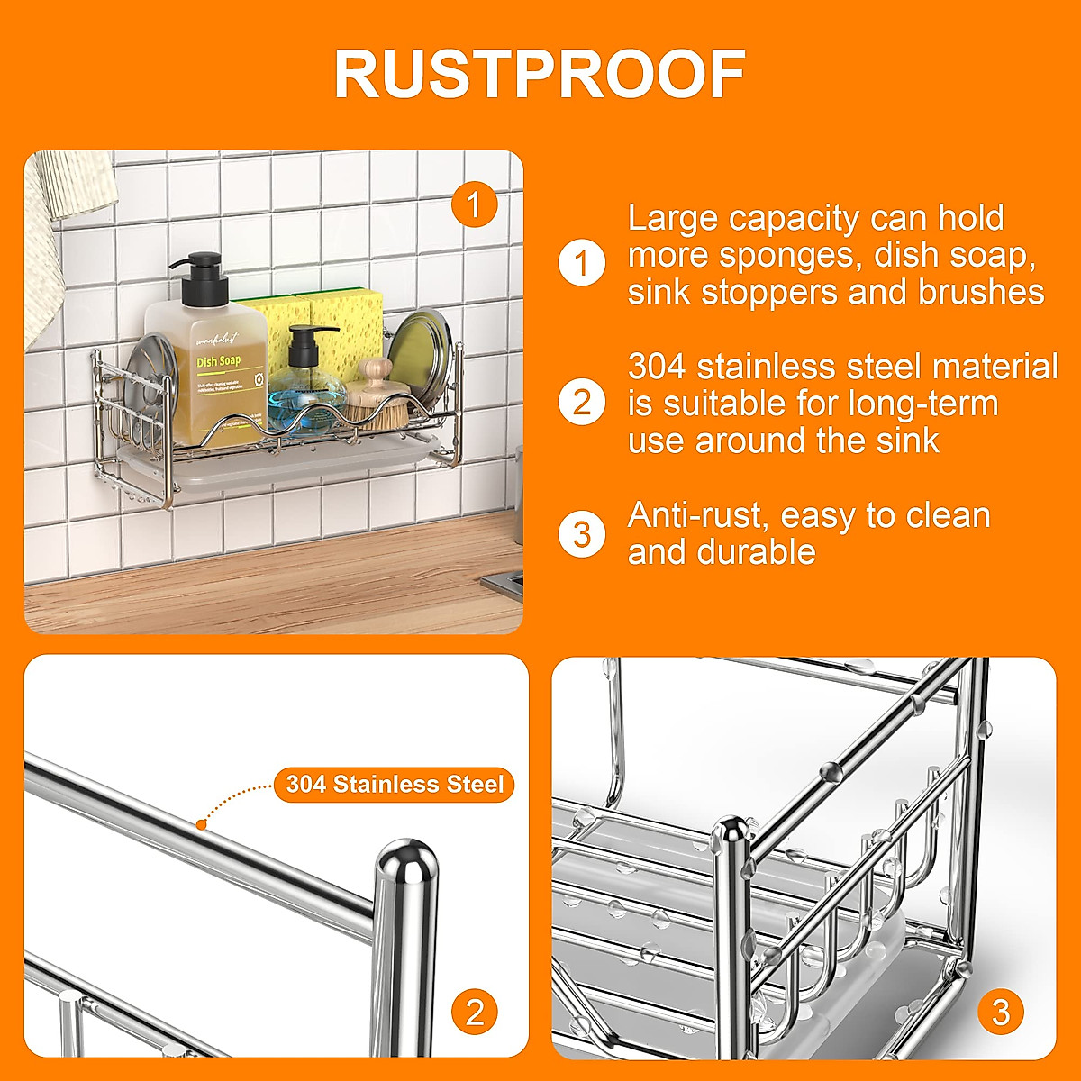 KOYLIM Sink Caddy Sponge Holder - Stainless Steel Kitchen Sink Organizer with Removable Drain Tray - Brush and Dish Soap Dispenser Storage Rack for Kitchen Counter (Silver)