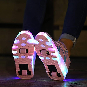 Ehauuo Kids Wheels Roller Shoes for Girls USB Light Up with Wheels Roller Sneakers for Gift (11 M US Little Kid, A-Pink)