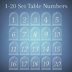 Table Numbers 1-20 with Display Stand, Acrylic Sheets with White Printed Calligraphy Number and Frosted, Arch Shape Design for Party Decor, Wedding Reception, Anniversary, & Other Event Guest Seating