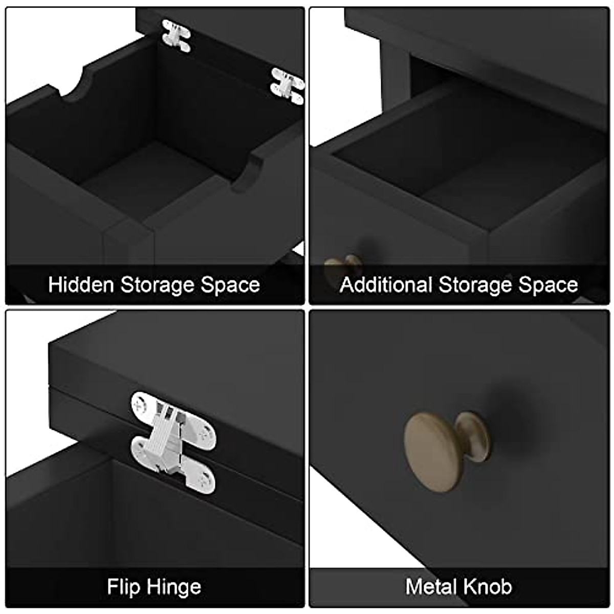 ChooChoo Black End Table, Flip Top Narrow Side Table for Small Spaces, Accent Nightstand Sofa Table for Living Room, Bedroom