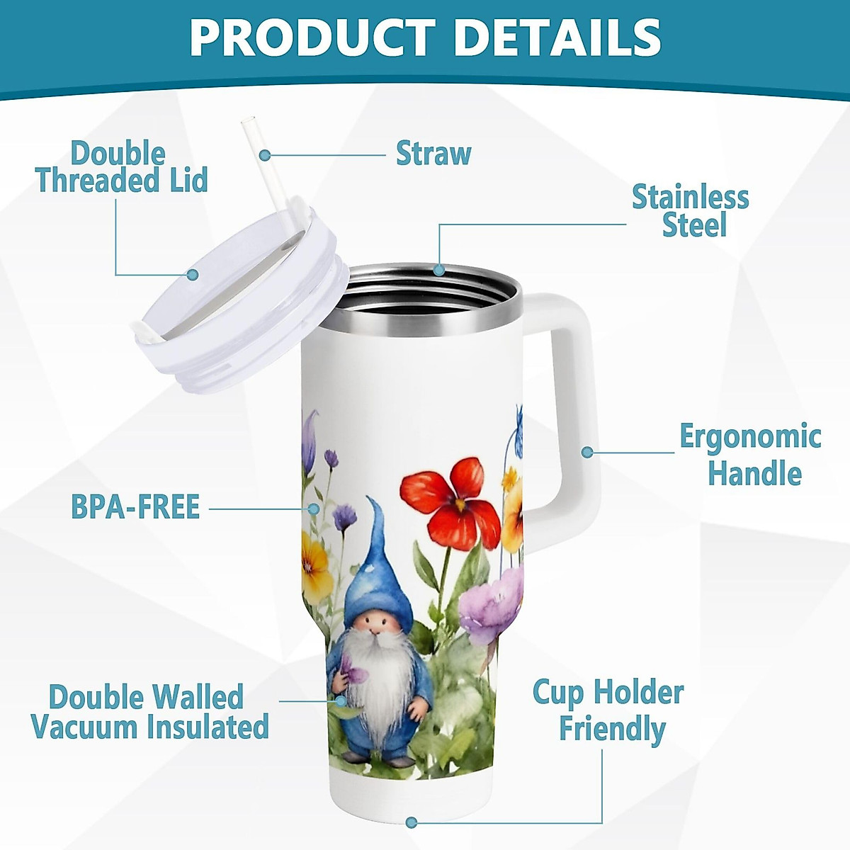 Burbuja Gnomes in Wildflowers 40oz Insulated Tumblers with Handle and Straw Lid, Double Wall Stainless Steel Travel Mug Leak-Proof, BPA Free, Gift for Mom Dad
