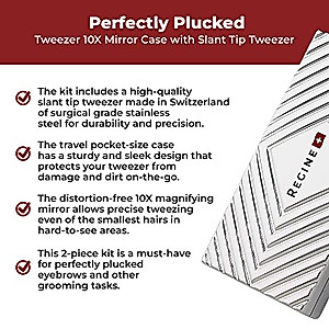 Regine Switzerland Slant Tweezers & Compact Case with 10X Magnifying Mirror Set - Precision Stainless Steel Tweezers for Ingrown Hair, Facial & Grooming - Travel Set with Hard Case for Men Women - 2Pc
