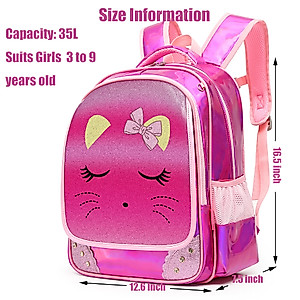 Dorlubel School Backpack for Girls, Kids Backpack Children’s School Bag Cat face Diamond Glitter BookBags for Elementary (Rose Cat Set)