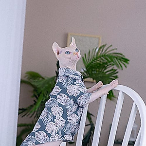 Hairless Cat T-Shirt Breathable Summer Cotton Hawaiian Shirts Short Sleeve Button Closure Turn Down Collar Leaf Print Cat Clothes Vest Apparel for Sphynx, Cornish Rex, Devon Rex, Peterbald (XXL-)