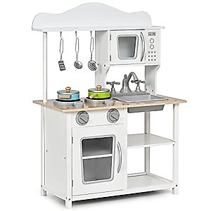 Costzon Kids Kitchen Playset, Wooden Play Kitchen w/Sink, Oven, Microwave, Stove, Pots, Utensils, Pretend Play Cooking Set w/Shelf, Cabinets, Great Gift for Toddlers Boys Girls