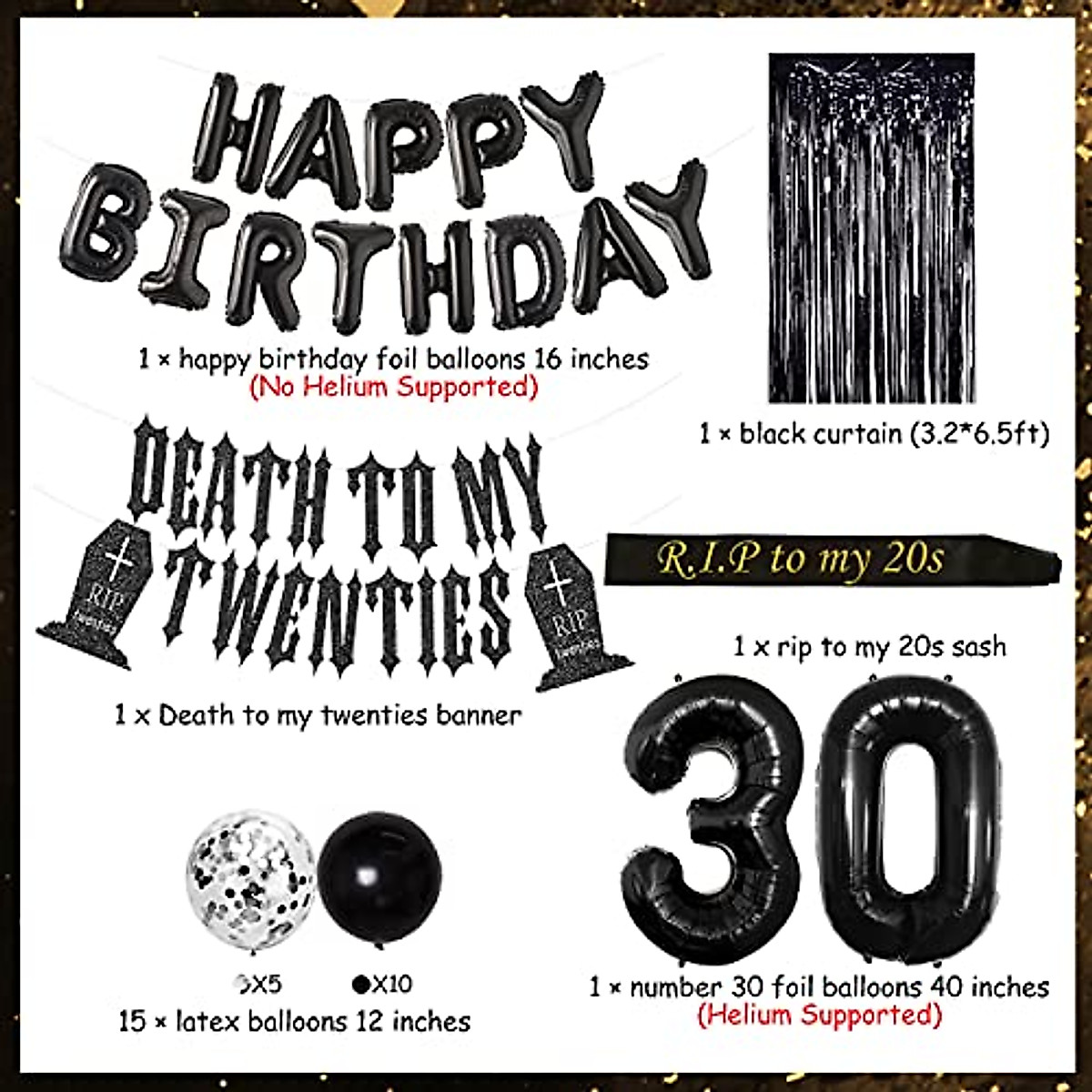 30th Birthday Decorations for Him Her Black Death to My Twenties Banner, Rip to My 20s Sash, Number 30 Balloon, Happy Birthday Balloon Banner, Foil Curtain for Funny Thirtieth Birthday Party Supplies