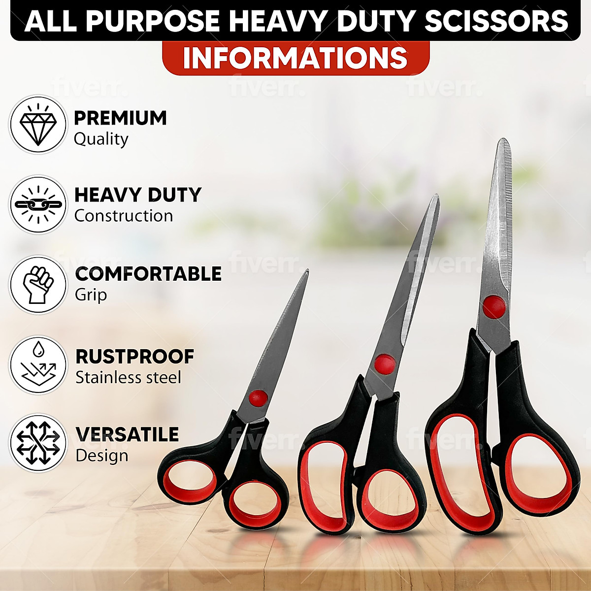 Scissors All Purpose Heavy Duty Pack of 3 – Ultra Sharp Stainless Steel Craft Scissors – Ergonomic Handle Office Scissors with Comfortable Non-Slip Grip – Adult Scissors for Sewing, Arts, Crafts