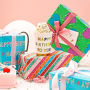 LeZakaa Birthday Wrapping Paper Roll - Mini Roll - Happy Birthday Lettering/Heart/Stripe Design for Boy, Kids Gift Wrapping - 17 x 120 inches, 3 Rolls (42.5 sq.ft.ttl.)